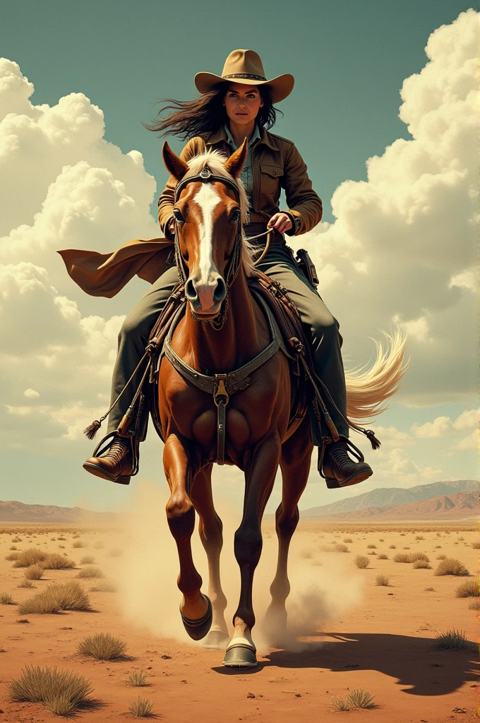 Hyperrealistic comic of a cowgirl riding a horse at full gallop across ...