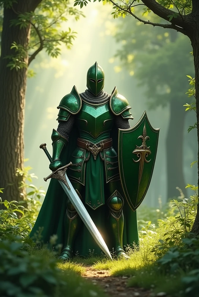 A knight in green armor with a long sword and shield in the forest with ...