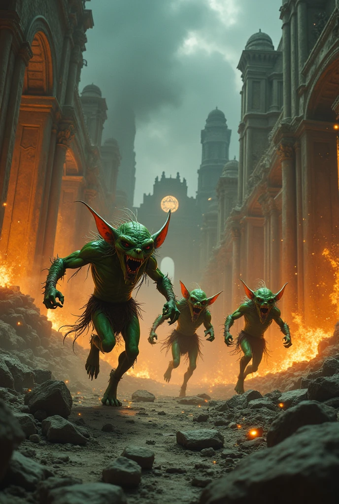 4K, depict a situation of several green, slender-bodied goblins running ...