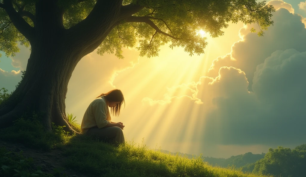 A person sits under a tree crying, with rays of light descending from ...