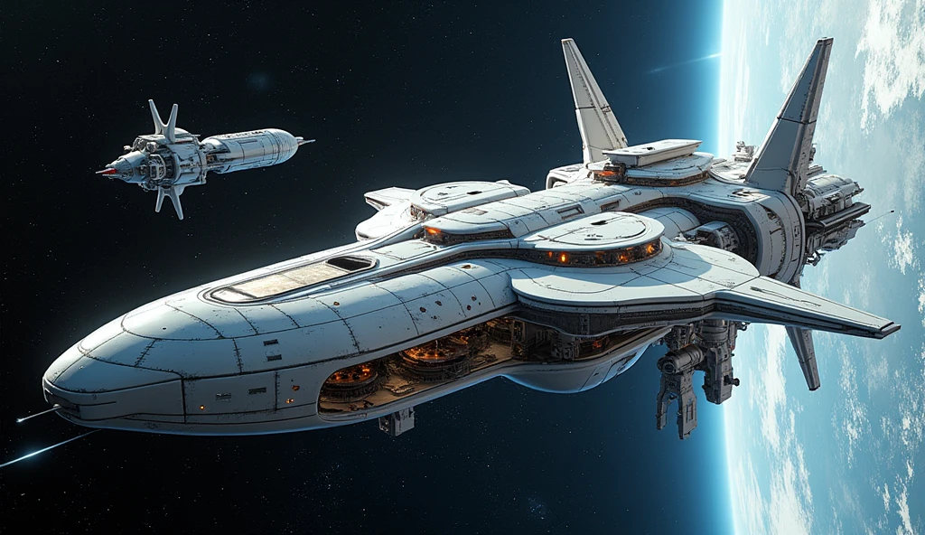 A close up of a space station with a satellite in the background ...