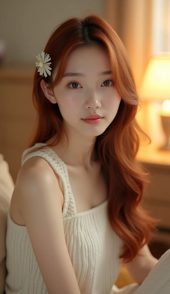 A Japanese woman with long straight red-brown hair, wearing a white ...
