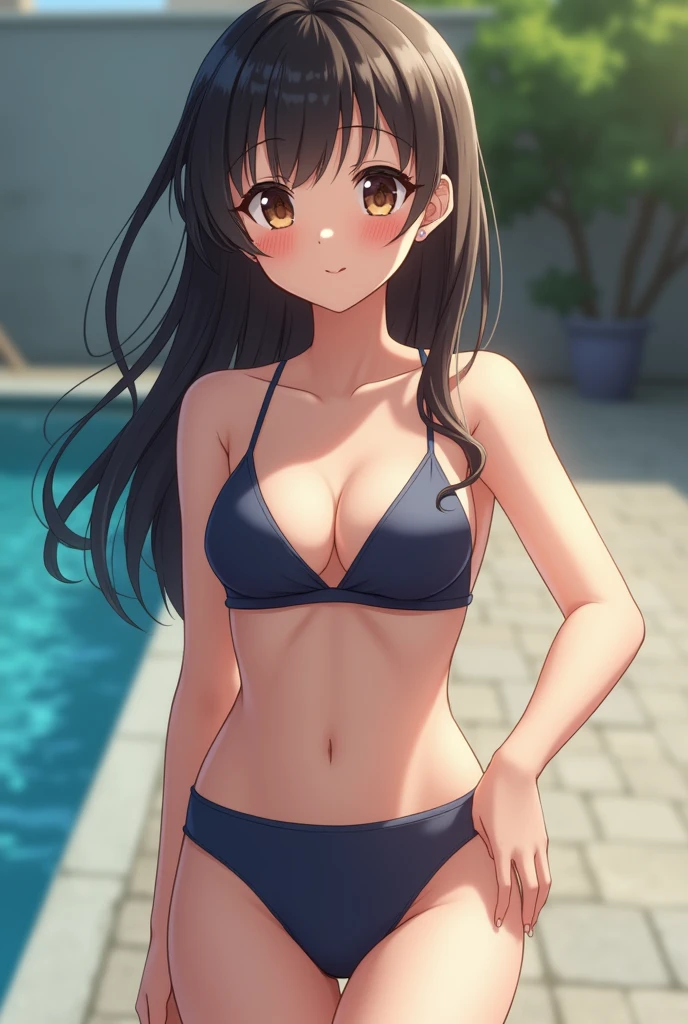 A junior high school girl shyly highlighting her breasts in a school swimsuit - SeaArt AI