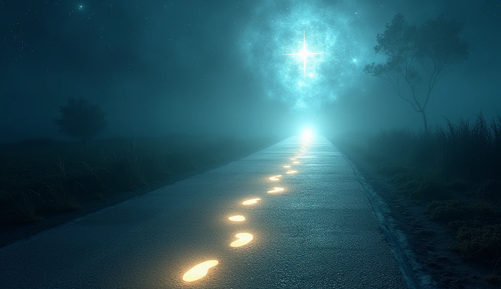 A road illuminated by a celestial light, with several footprints along ...