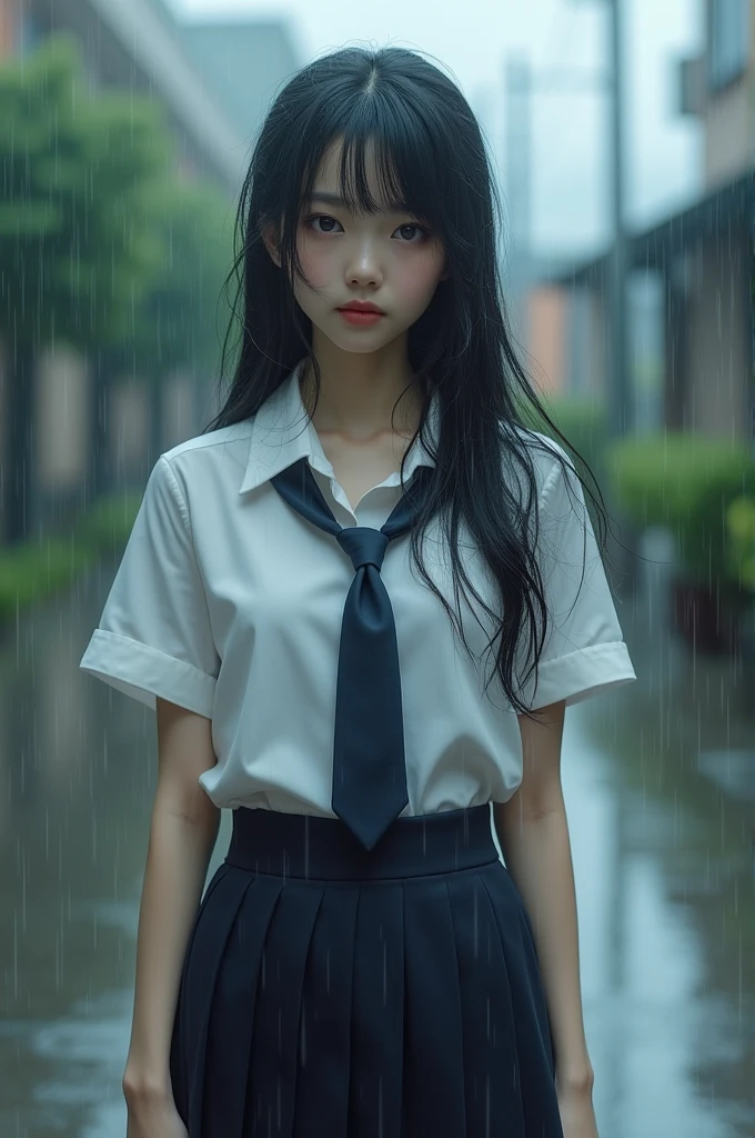 Beautiful girl, 18+, school uniform, rain - SeaArt AI