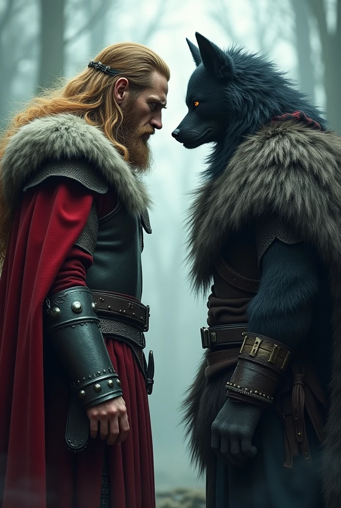 A viking on the left side is facing a man with a human face wearing a ...