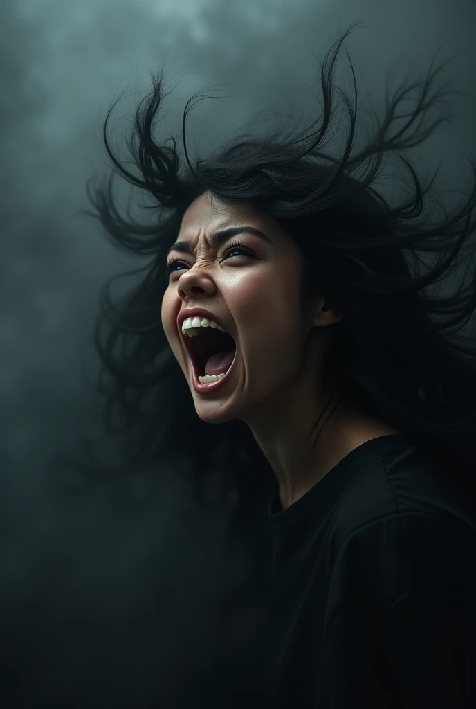 A close-up face of a black-haired beautiful girl roaring with shock ...