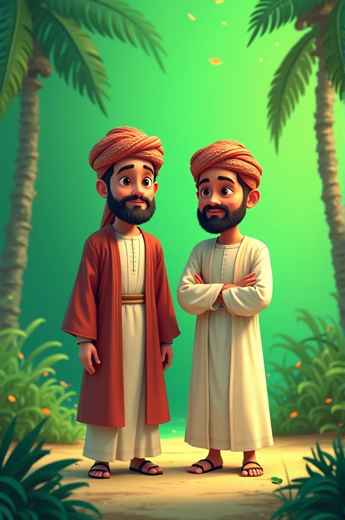 Green background Two animation Muslim men wearing jubba and turban ...