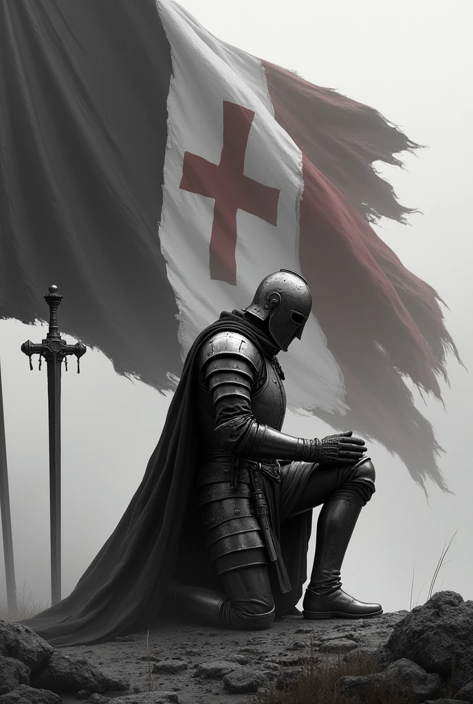 Crusader knight with closed helmet in black and white with a red cross ...