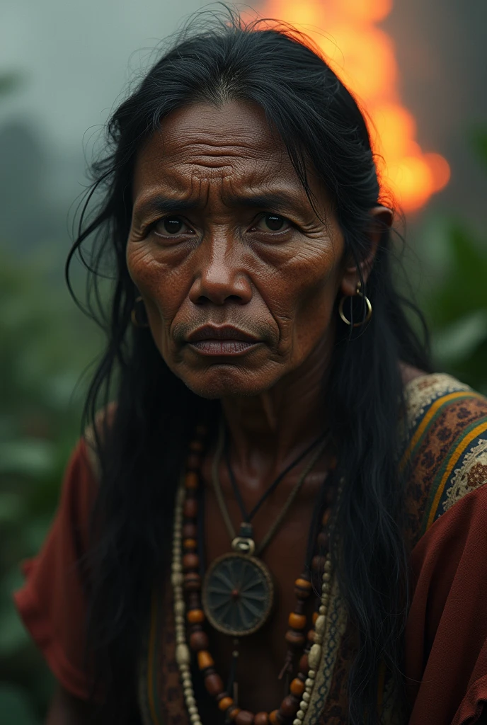A sad and dejected indigenous person and in the background the Amazon ...