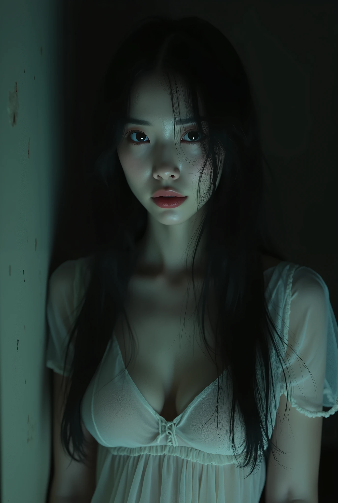 Arafed woman in a white dress standing in a dark room - SeaArt AI