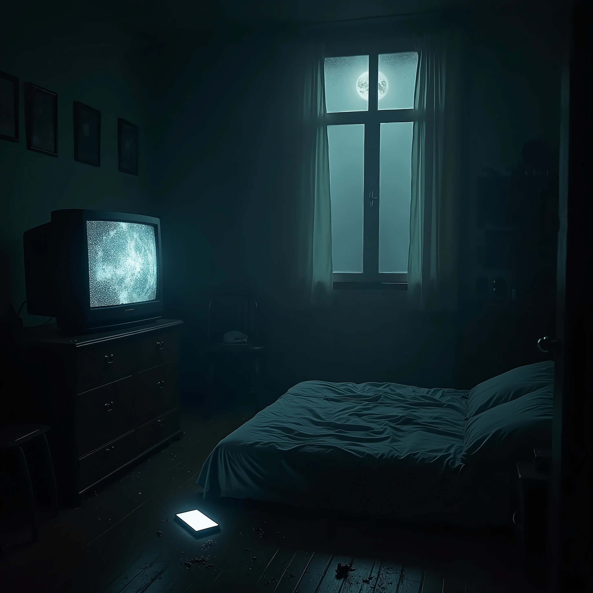 Dimly lit bedroom with bed and television in dark room - SeaArt AI