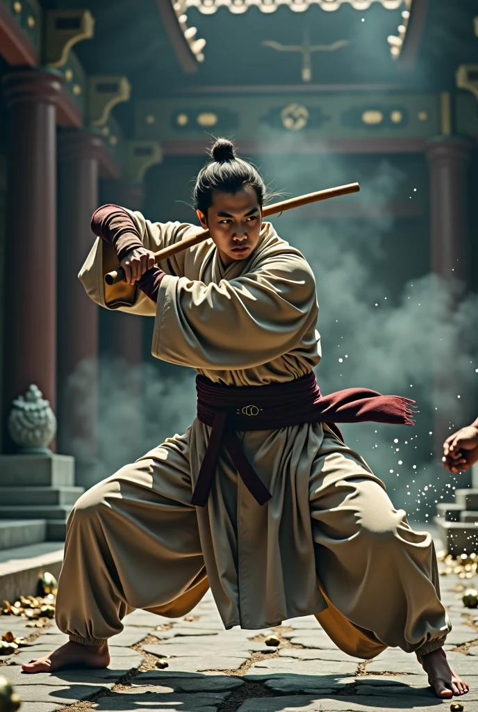A monk fighting kungfu style with a bo staff, having wrapped hands ...