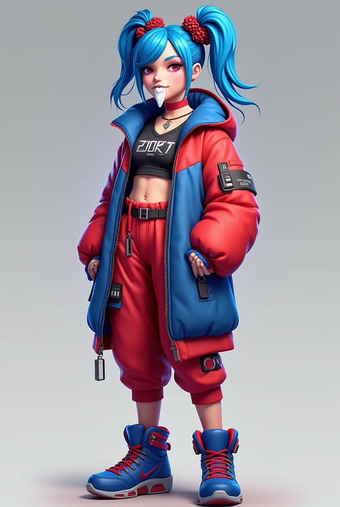 A female free fire character with blue and red hair and a red and blue ...