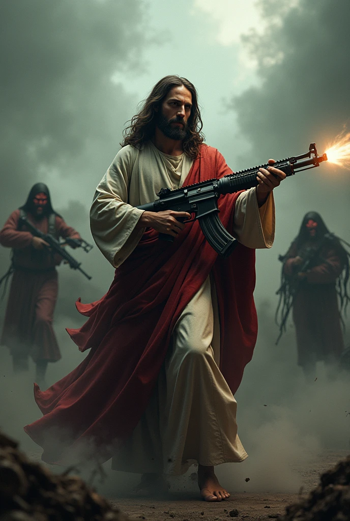 Jesus is holding an assault weapon and is shooting at demons - SeaArt AI