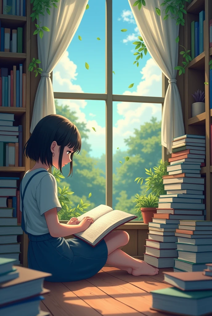 Anime girl looking at books with bookshelf outside the window - SeaArt AI