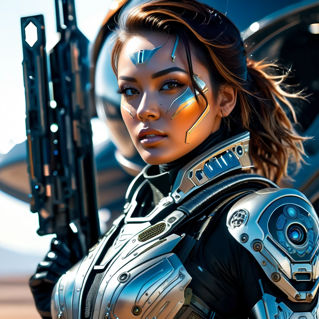 American woman with a scar on her face in a futuristic suit holding a ...