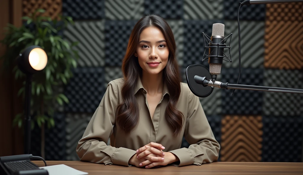 An 1 woman in a podcast studio facing forward - SeaArt AI