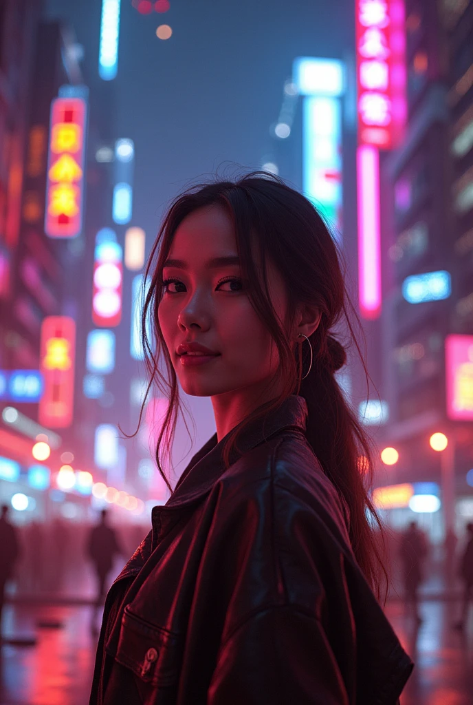 Female smiling in synthwave city - SeaArt AI