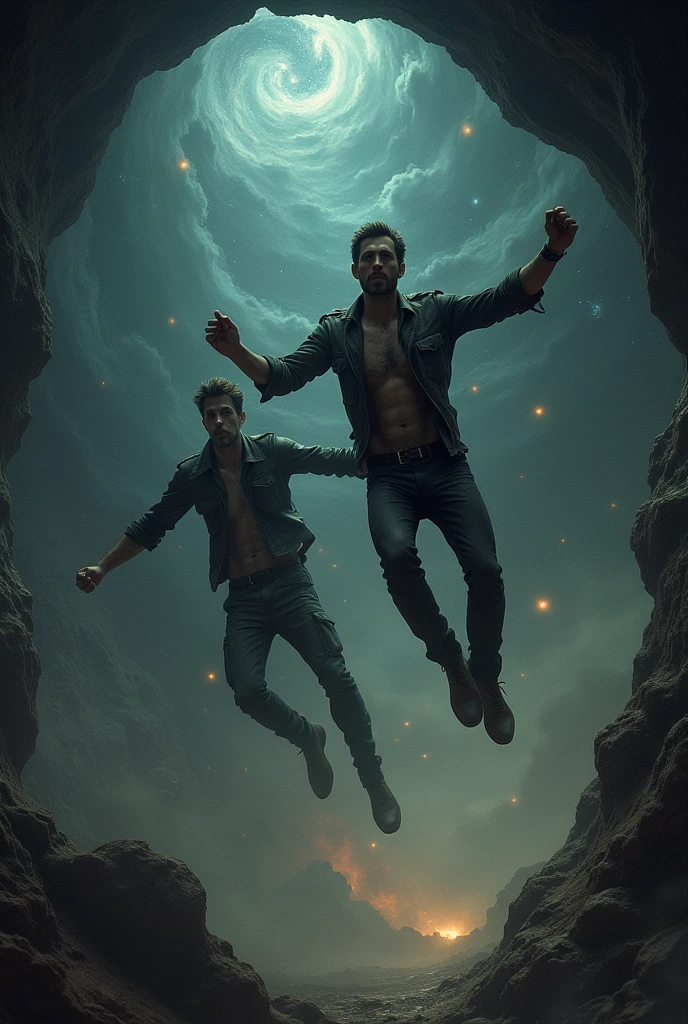 Two men jumping into a Mad Max style black hole with the universe in ...