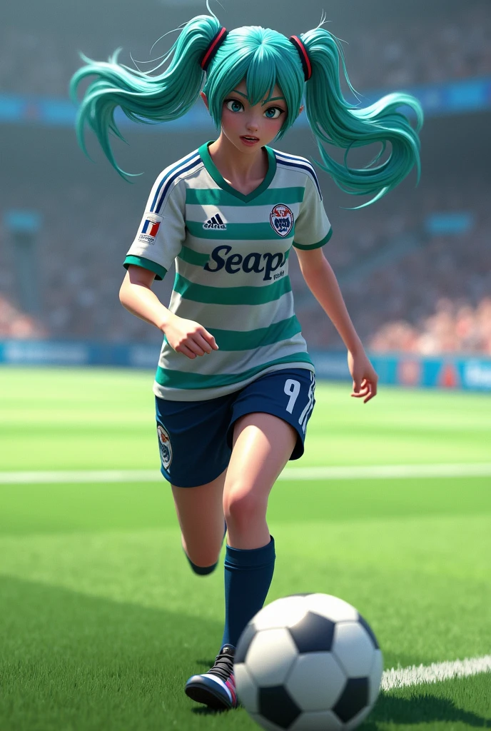 Hatsune miku playing professional soccer serious expression horizontal ...