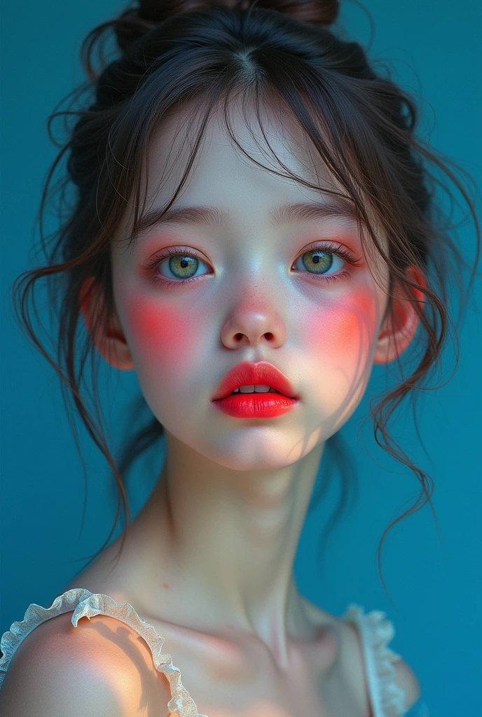 The image shows a young girl with a pinkish face, red lips, and a blue ...
