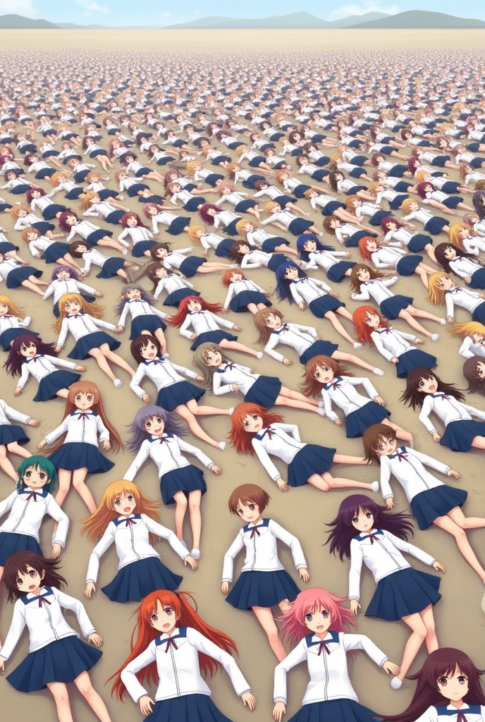 200 anime girls in school uniforms lying in an empty lot - SeaArt AI