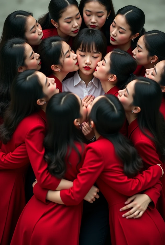 14 real Asian 1 girls in realistic red uniforms surround a boy and kiss ...
