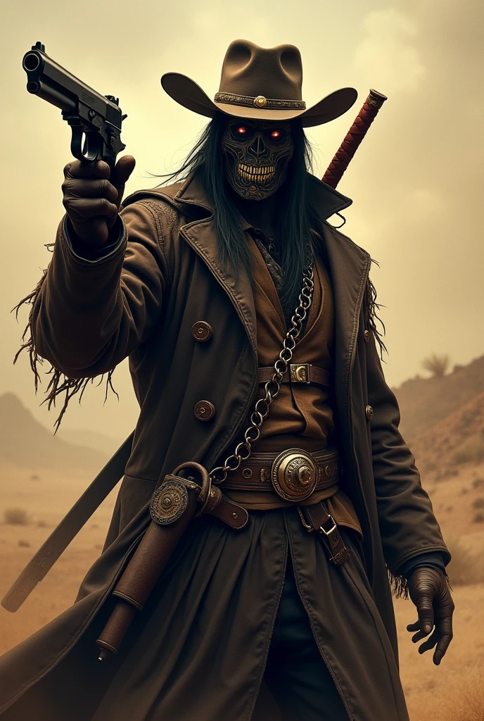 A half human man, half vampire with a mask covering part of his face ...