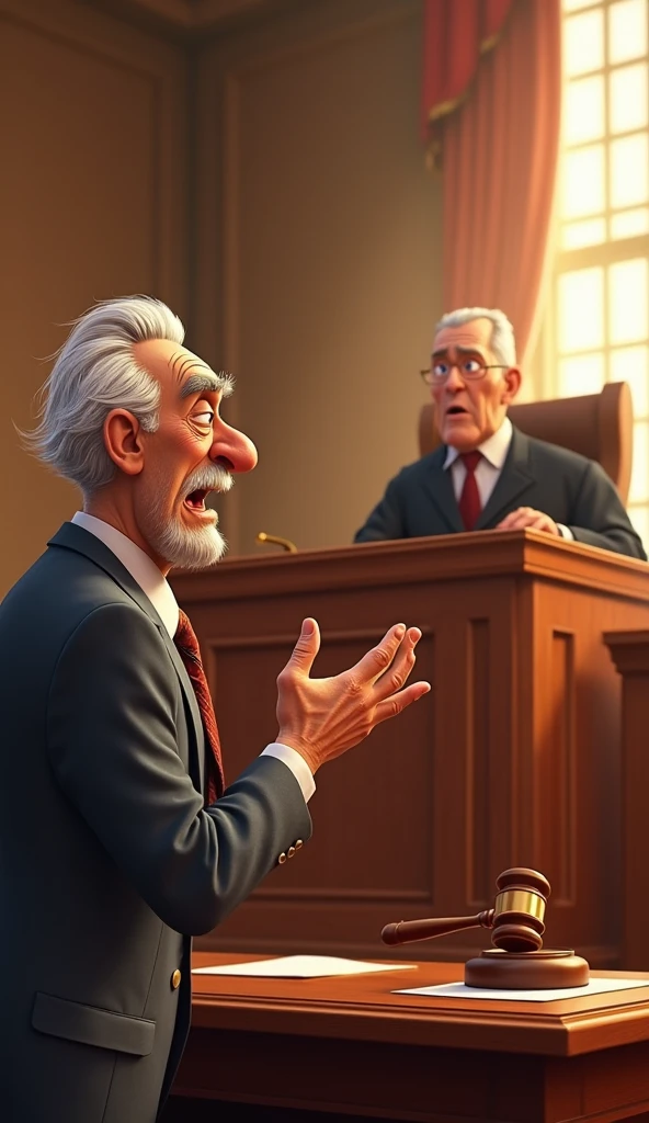 A pixar style of an upset old man talking to a judge at court - SeaArt AI