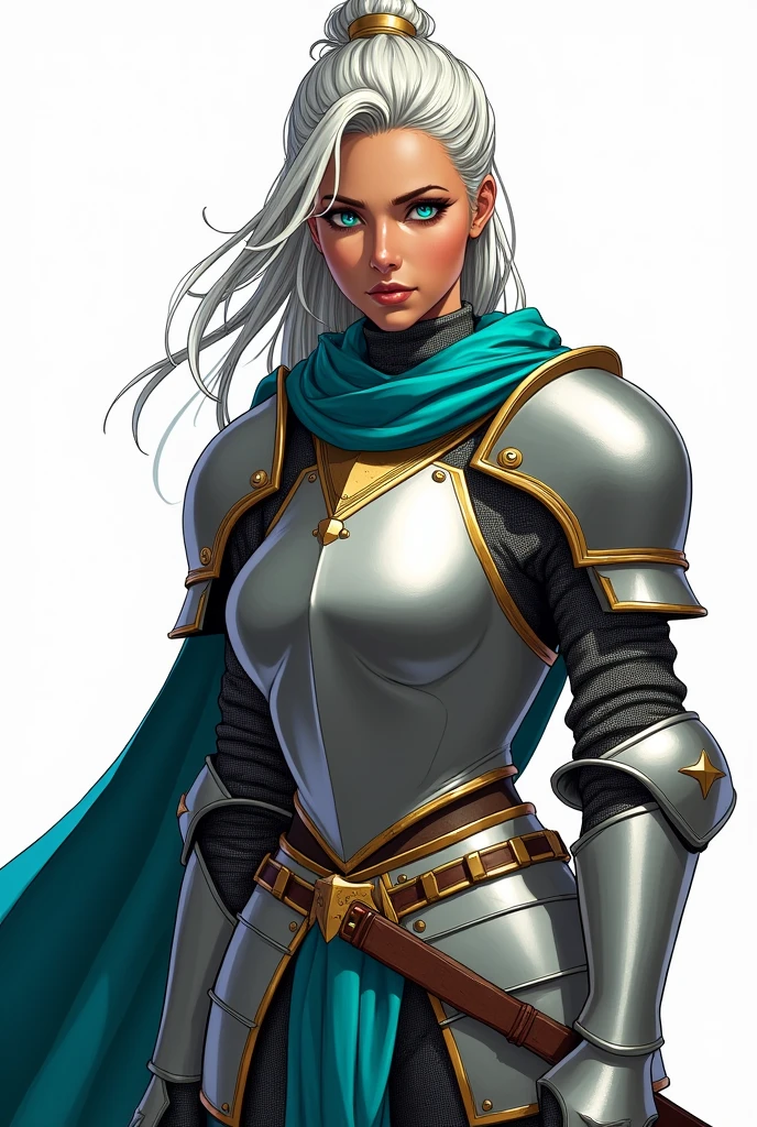 An RPG knight. She has brown skin, has silver hair, medium size tied in ...