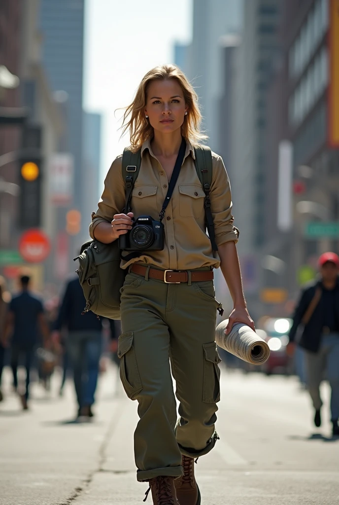 Make a make journalist carrying a backpack, camera, and newspaper ...