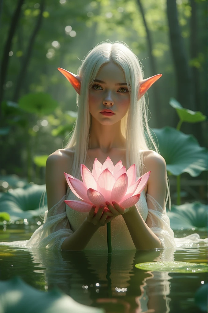 Female elf holding lotus in pond - SeaArt AI