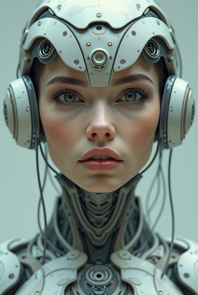 There is a woman with a headdress and many cables., Highly detailed ...