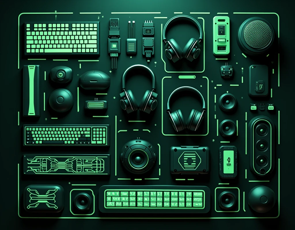 Create a futuristic, high-tech product panel featuring USB flash drives ...