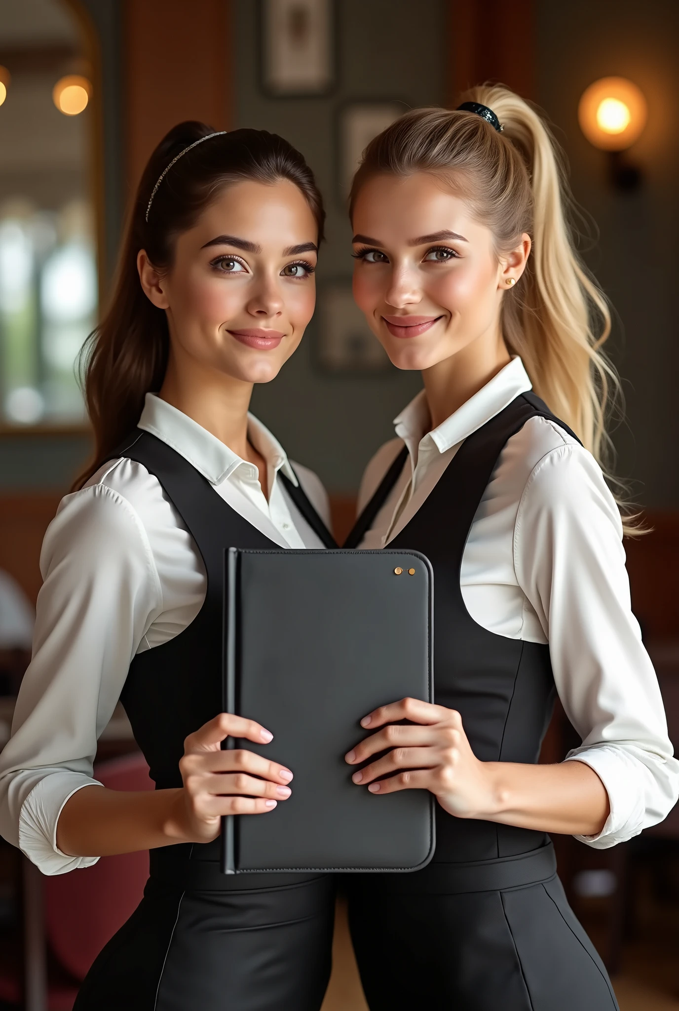 Two women in black and white uniforms holding a black folder - SeaArt AI