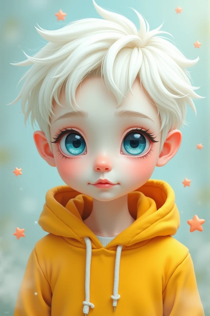 As a drawing of a boy who has pale skin and white hair and a yellow ...