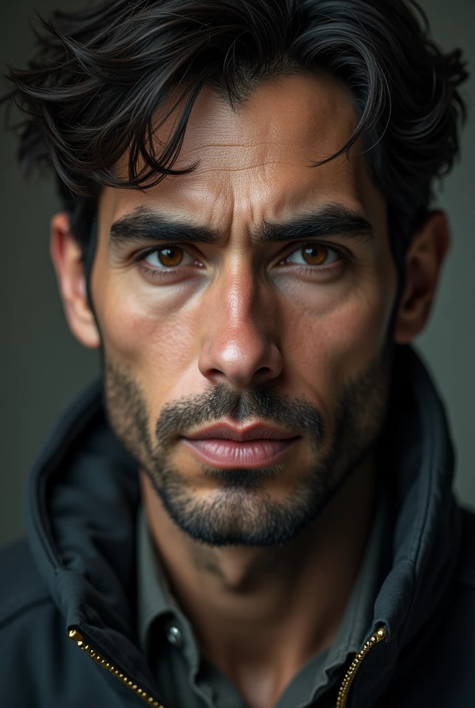 Close-up of a serene and determined face, with focused eyes and calm ...