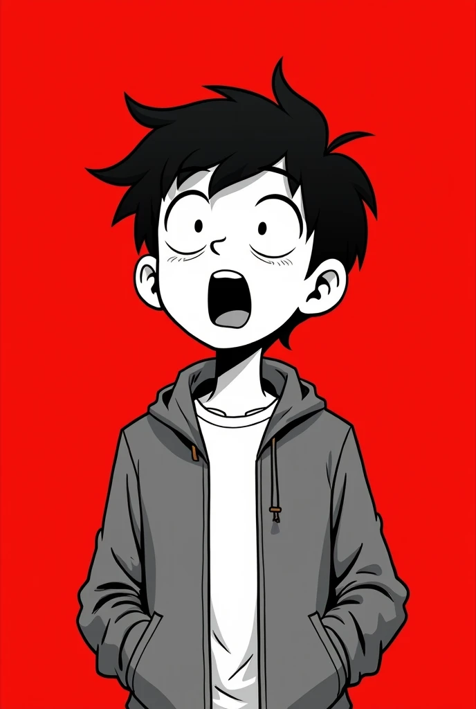 A teenager in high contrast black and white , cartoon style, red ...