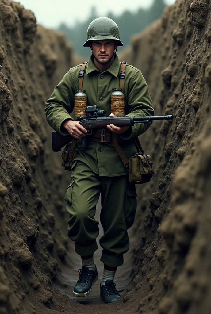 WITH A HUNTER RIFLE IN HIS HAND IN A TRENCH IN WORLD WAR II, A SOLDIER ...