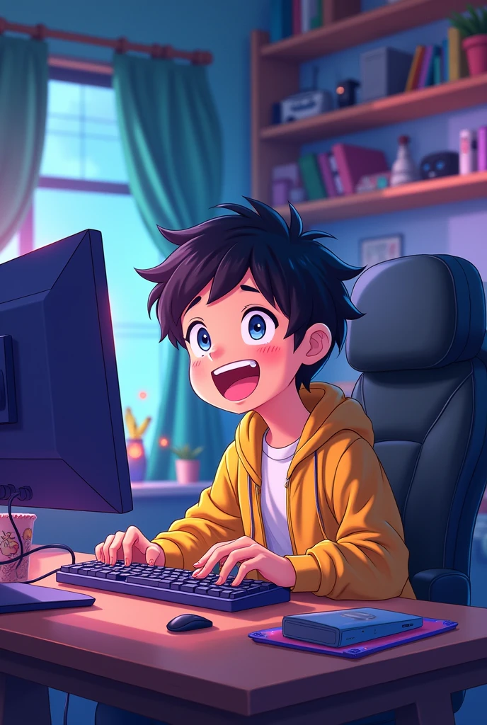 Anime teenager playing games on PC and having fun - SeaArt AI