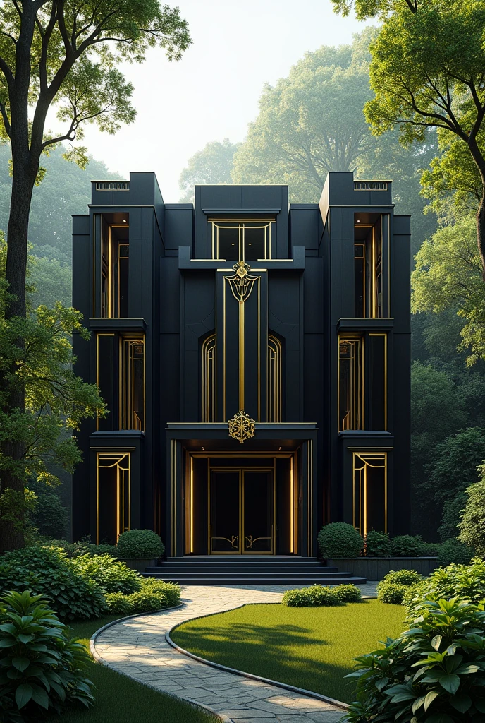 Huge luxurious modern mansion, in black and gold colors, with trees ...