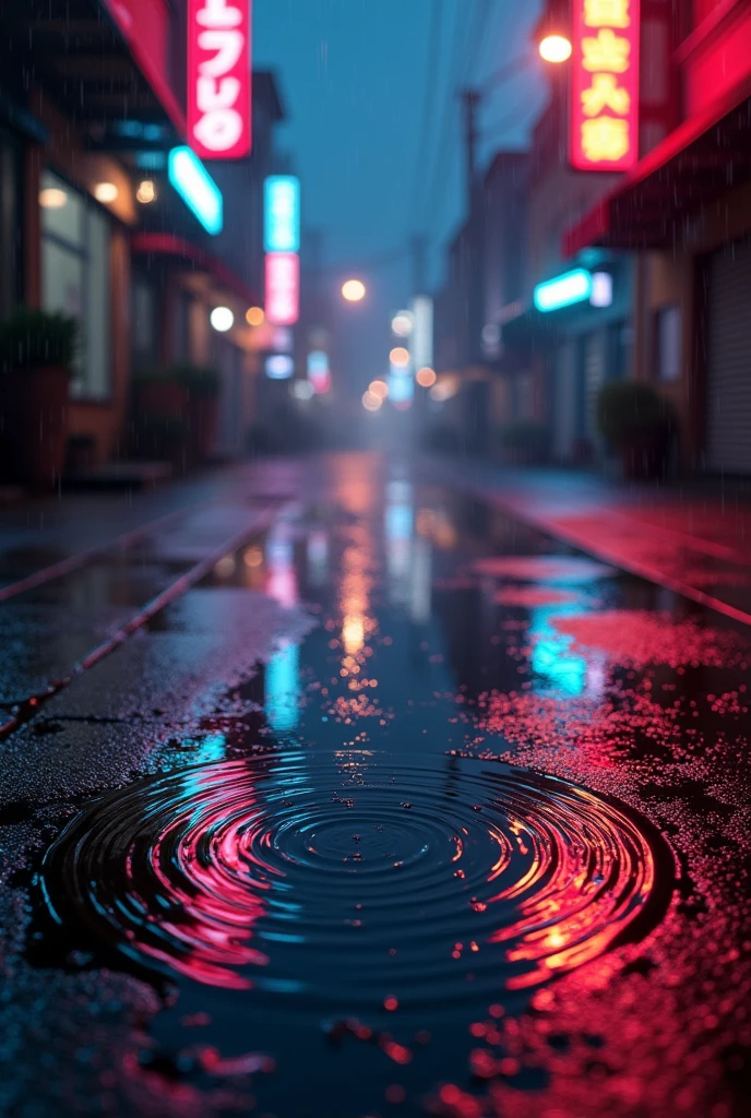 Rainy late night in town, neon lights illuminates the wet empty street ...