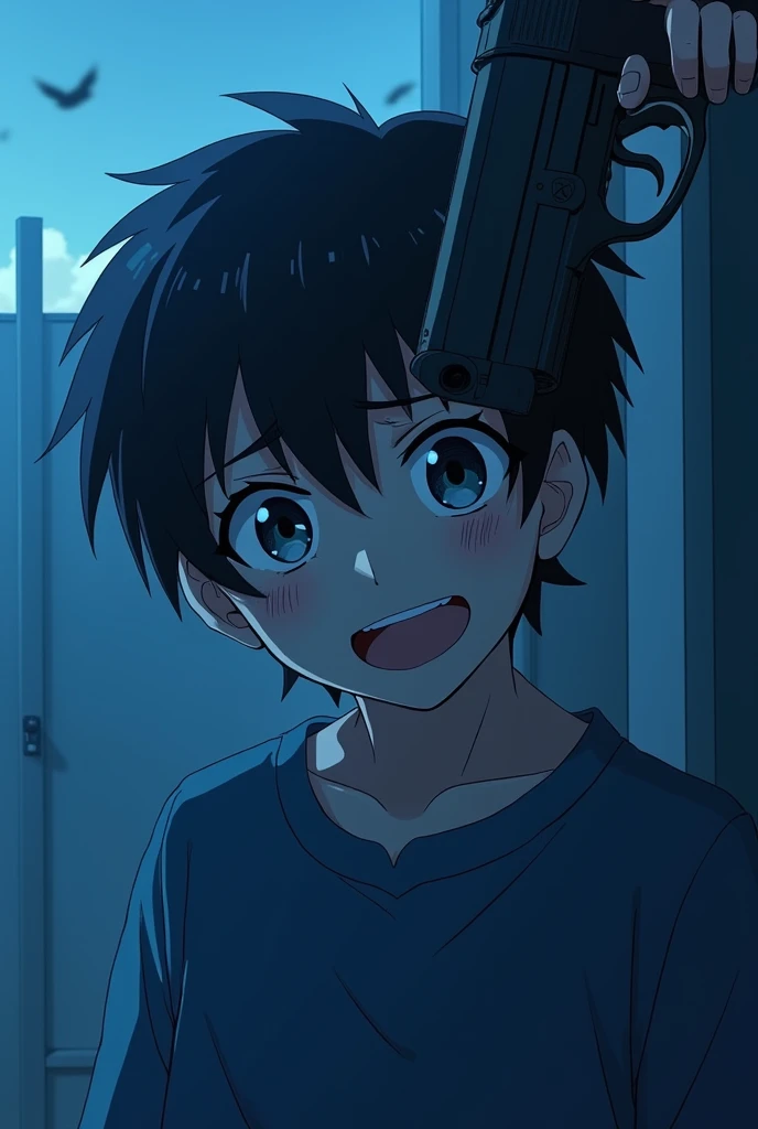 A boy is holding a gun on his head, a smile on his face, but he looks ...