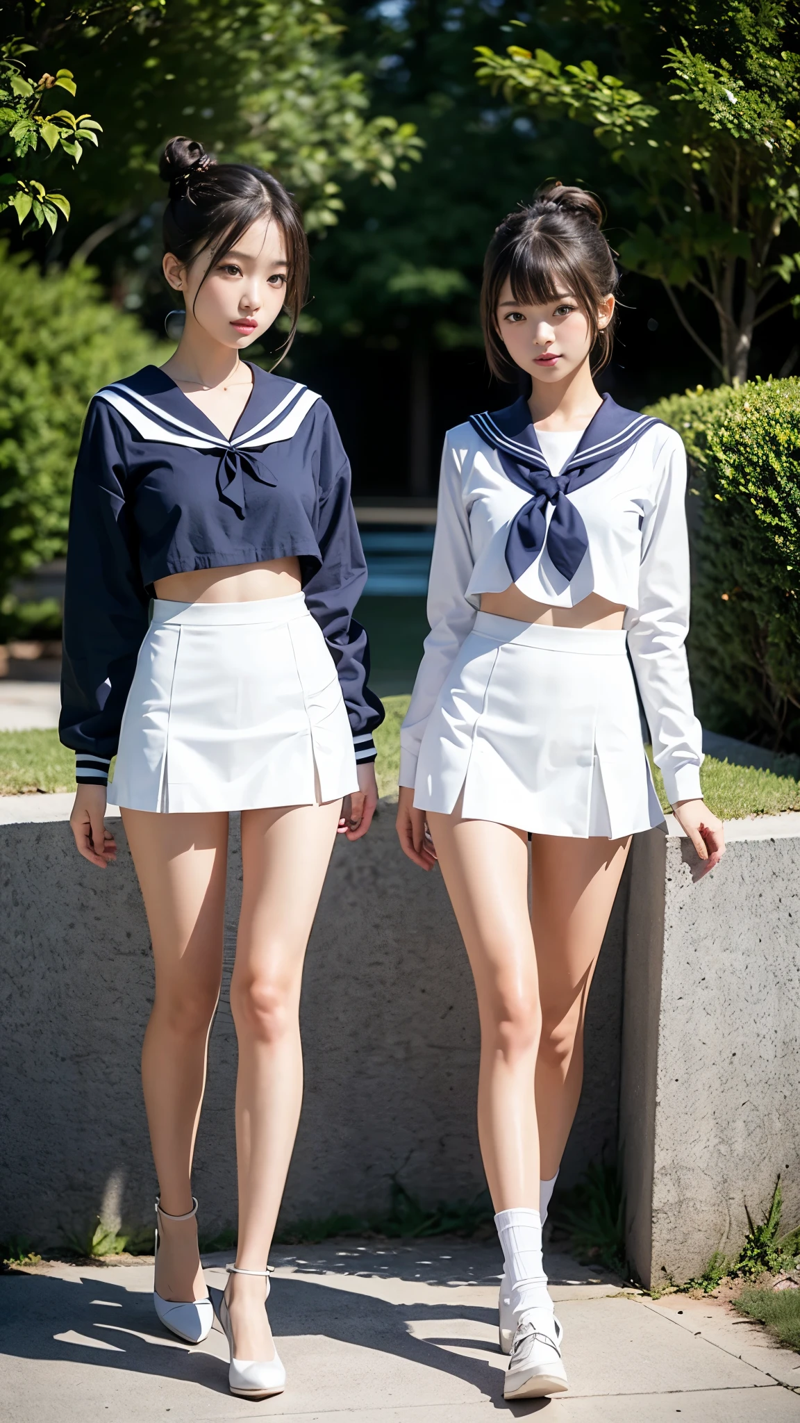 Two asian women in sailor outfits walking down a sidewalk - SeaArt AI