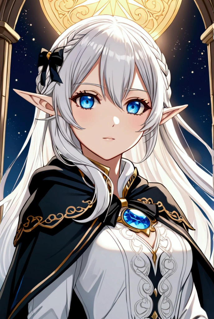 Anime White haired elf, shining blue eyes, with a black cape and a ...