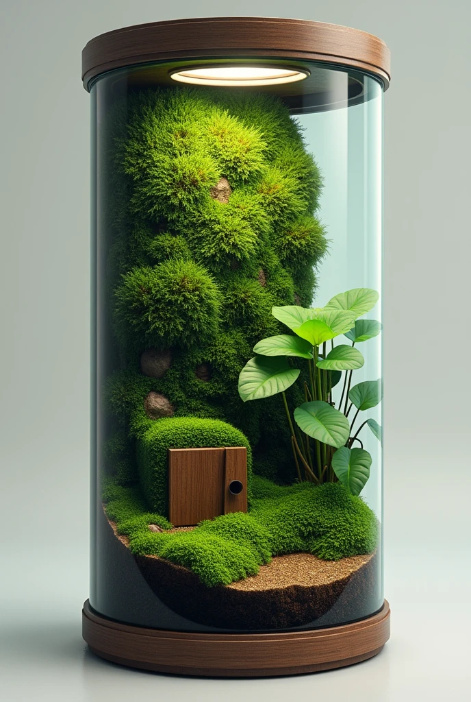 Cylindrical terrarium tank with small door inside and moss wall - SeaArt AI