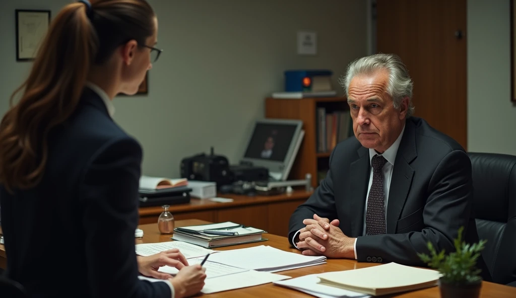 Inside a small, modest office with wooden furniture, a middle - SeaArt AI