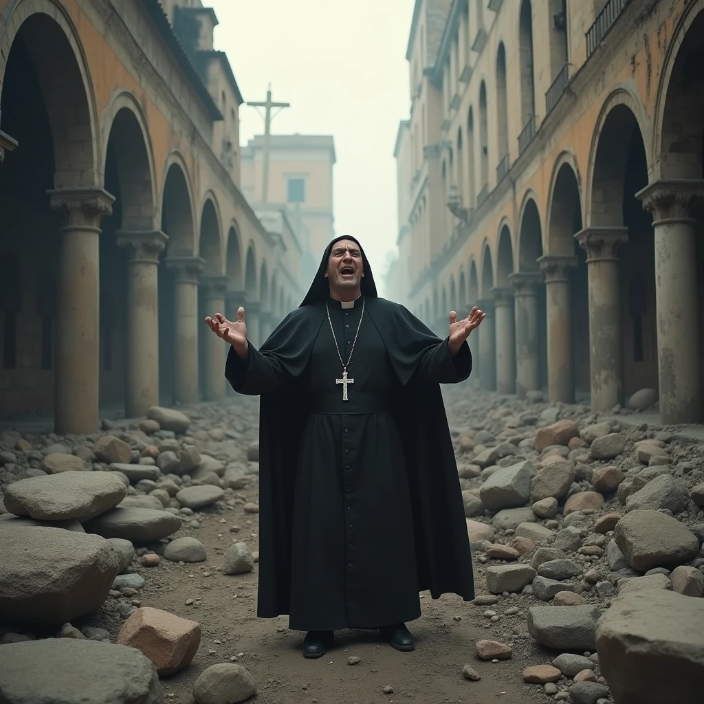 Lonely angry catholic priest in the ruins of a city, screaming and ...