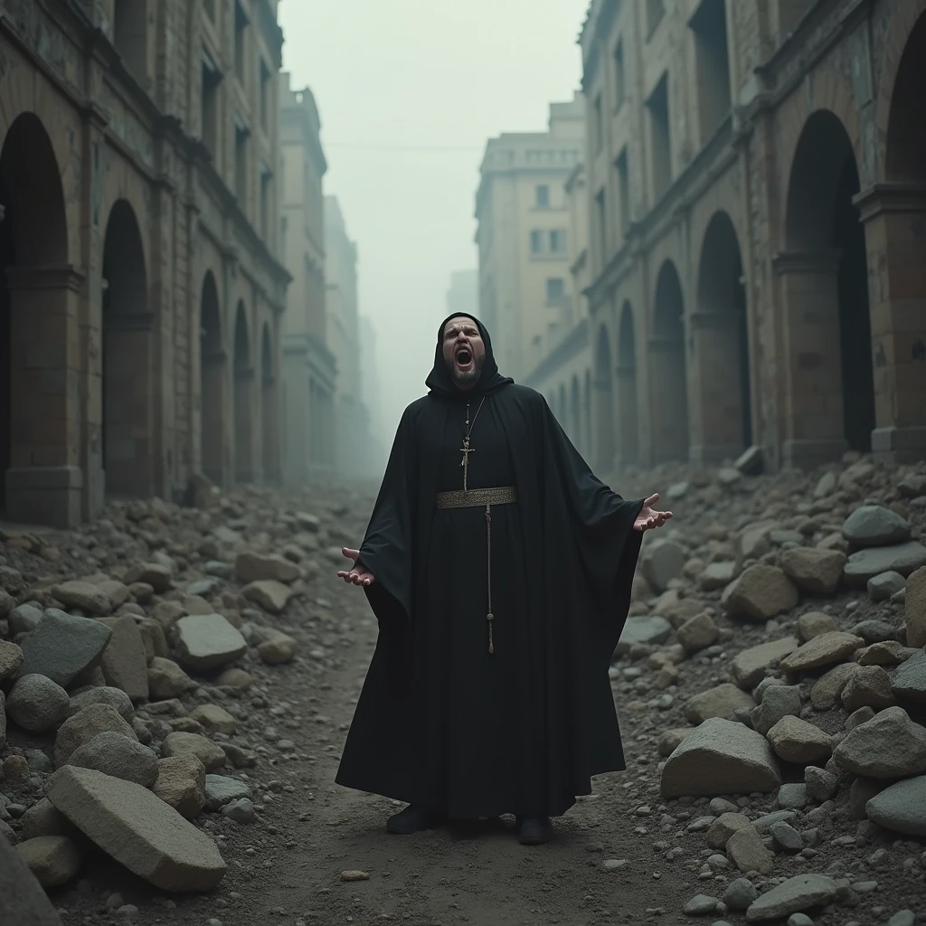 Lonely angry bishop in the ruins of a city, screaming and crying ...